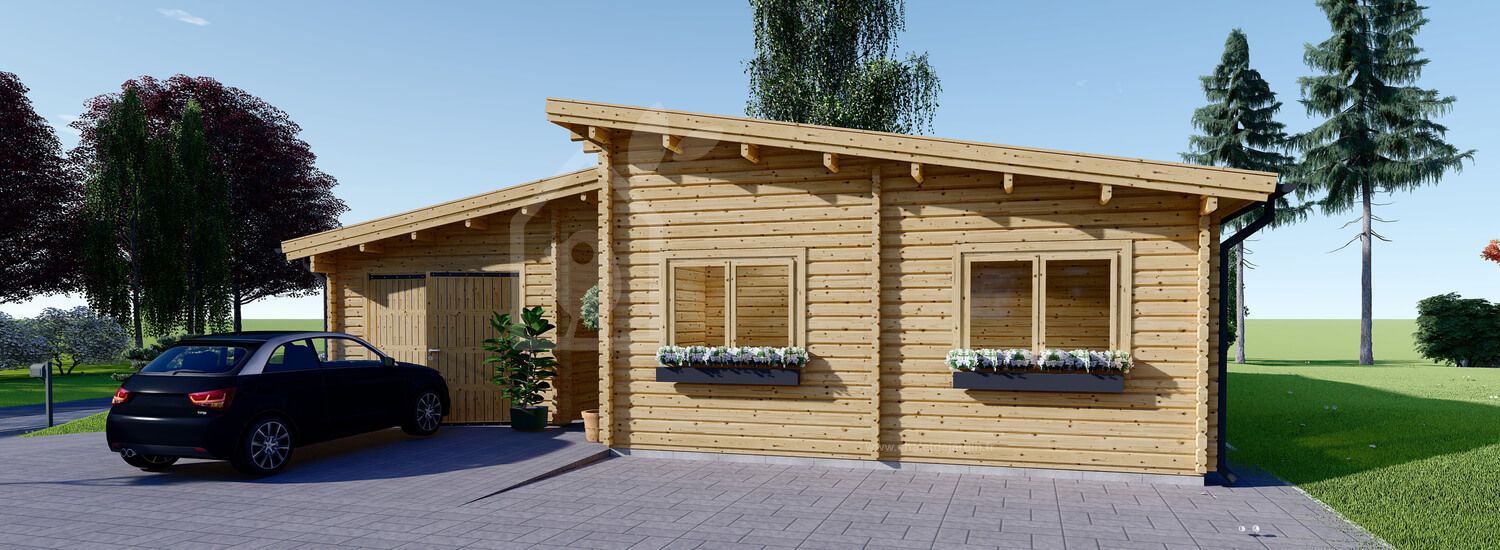 Chalet en bois à toit plat BERTA (66 mm), 72 m² avec terrasse + 20 m² ...